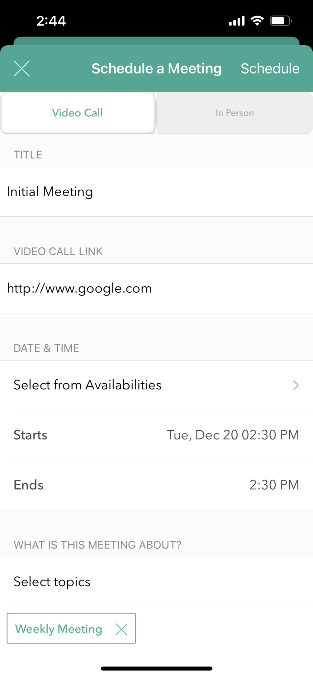 How do I create a new meeting in the mobile app?